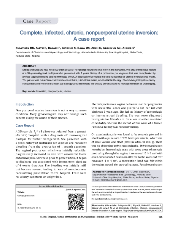 (PDF) Complete, infected, chronic, nonpuerperal uterine inversion: A ...