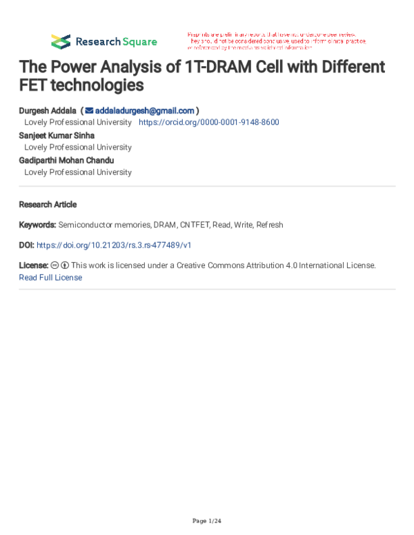 (PDF) The Power Analysis of 1T-DRAM Cell with Different FET technologies