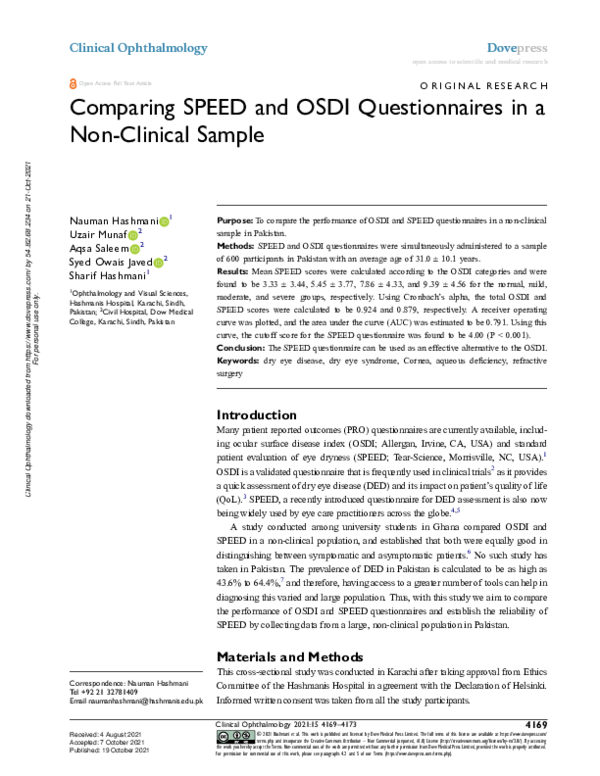 (PDF) Comparing SPEED and OSDI Questionnaires in a Non-Clinical Sample