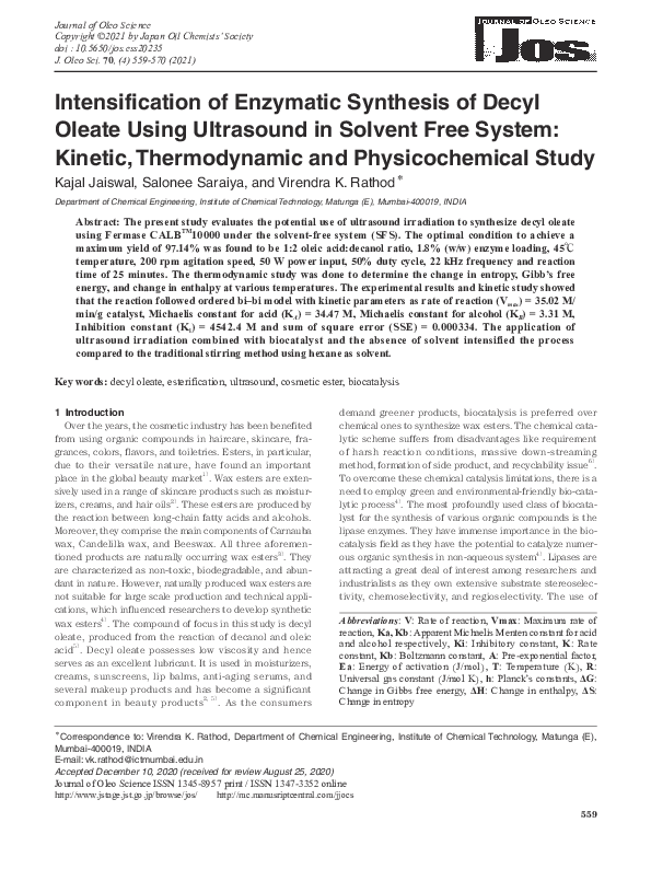 (PDF) Intensification of Enzymatic Synthesis of Decyl Oleate Using ...