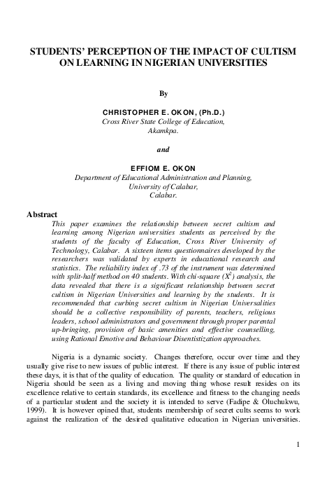 (PDF) Students’ Perception of the Impact of Cultism on Learning in ...