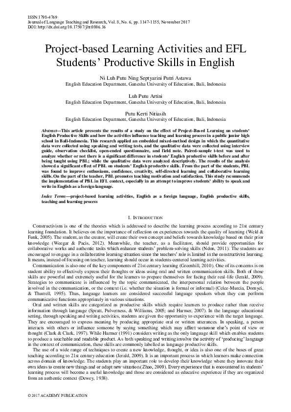 (PDF) Project-based Learning Activities and EFL Students’ Productive ...