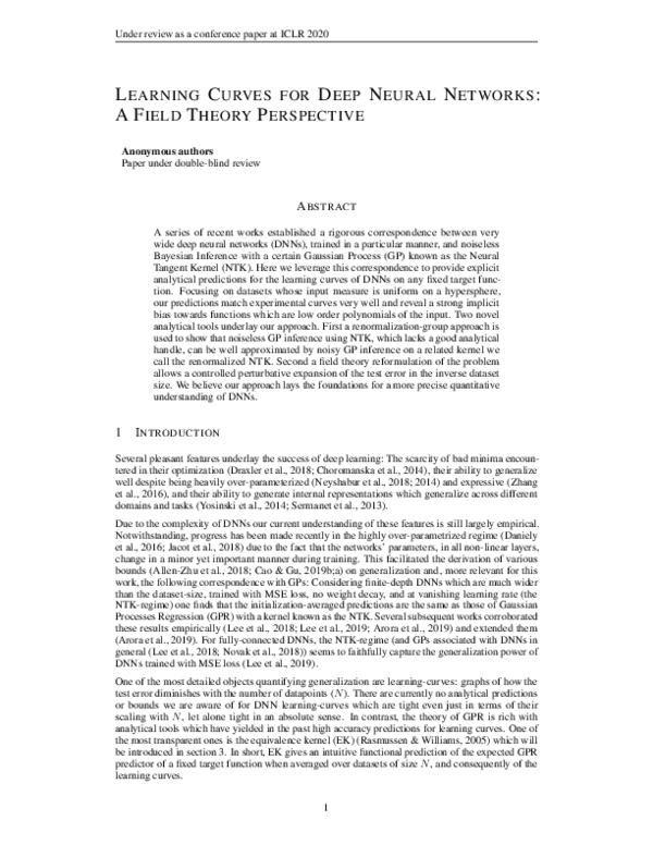 (PDF) Learning Curves for Deep Neural Networks: A field theory perspective