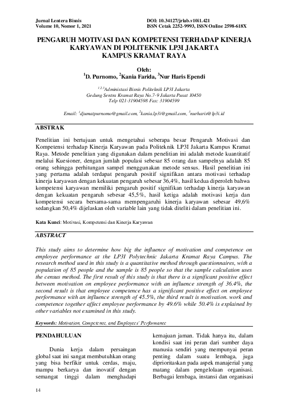 (PDF) PENGARUH MOTIVASI DAN KOMPETENSI TERHADAP KINERJA KARYAWAN DI ...