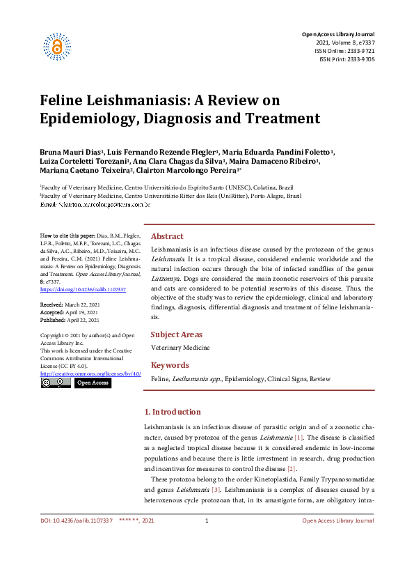 (PDF) Feline Leishmaniasis: A Review on Epidemiology, Diagnosis and Treatment