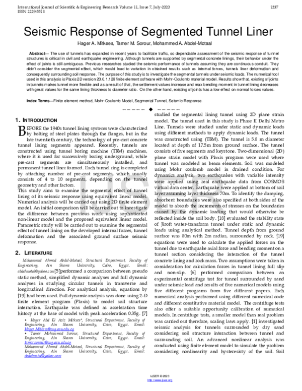 (PDF) Seismic Response of Segmented Tunnel Liner