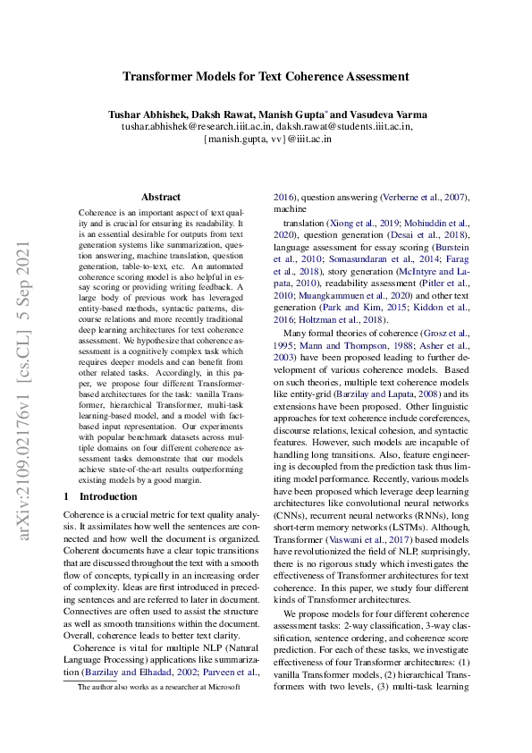 (PDF) Transformer Models for Text Coherence Assessment