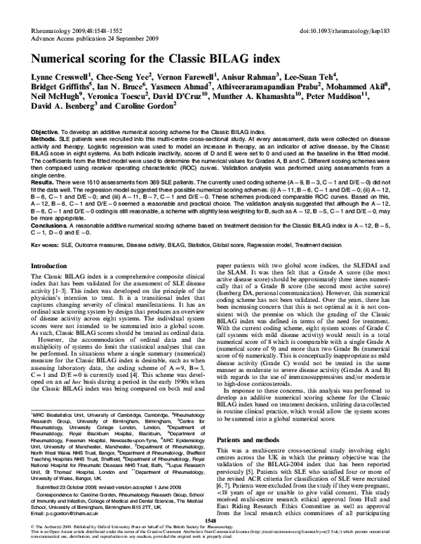 (PDF) Numerical Scoring for the Classic BILAG Index