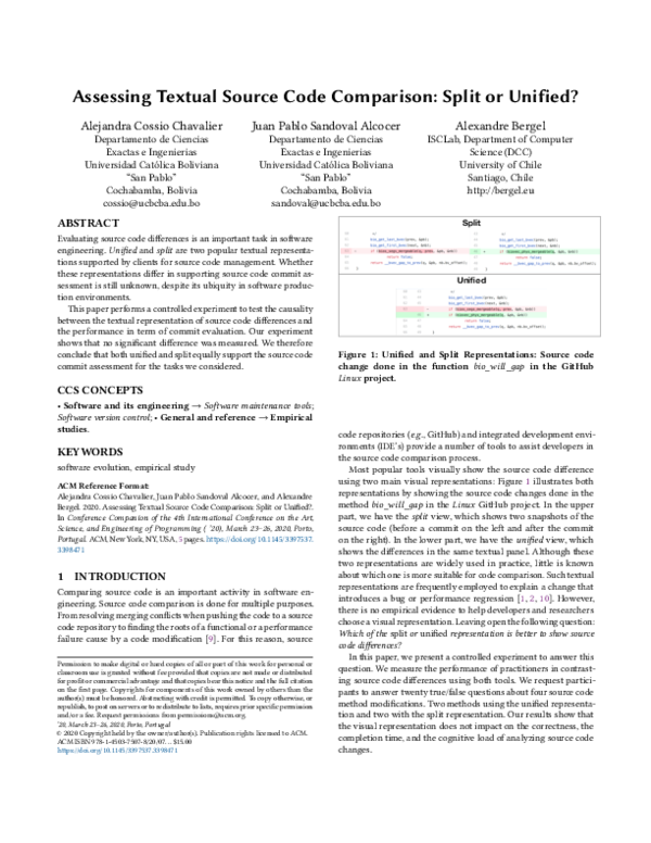 Pdf Assessing Textual Source Code Comparison Split Or Unified