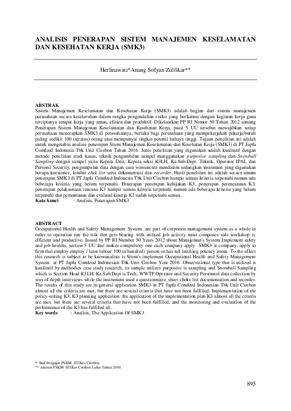 (PDF) Analisis Penerapan Sistem Manajemen Keselamatan Dan Kesehatan Kerja (SMK3)