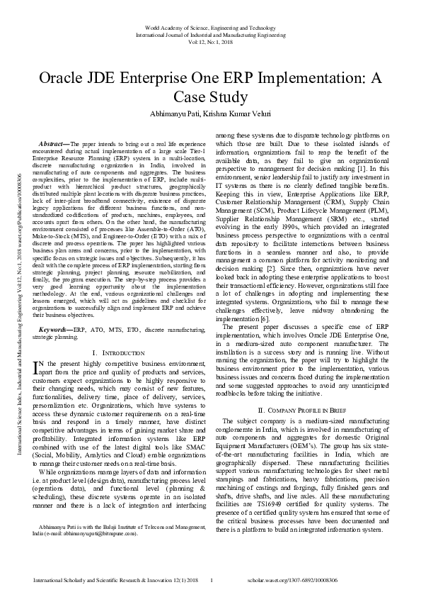 (PDF) Oracle Jde Enterprise One Erp Implementation: A Case Study