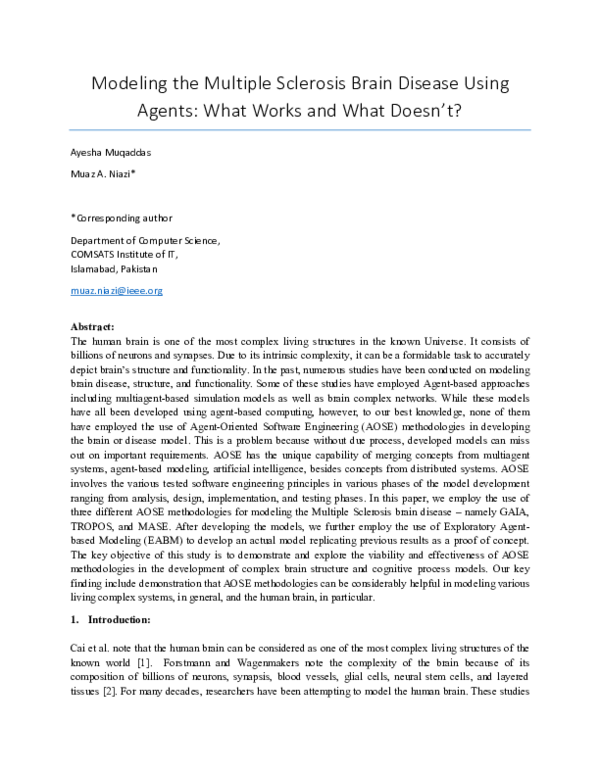 (PDF) Modeling the Multiple Sclerosis Brain Disease Using Agents: What Works and What Doesn't ...