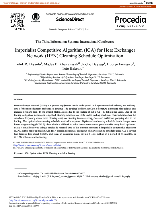 (PDF) Imperialist Competitive Algorithm (ICA) for Heat Exchanger Network (HEN) Cleaning Schedule ...