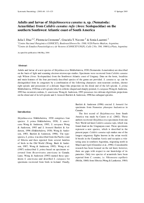 (PDF) Adults and larvae of Skrjabinocerca canutus n. sp. (Nematoda ...