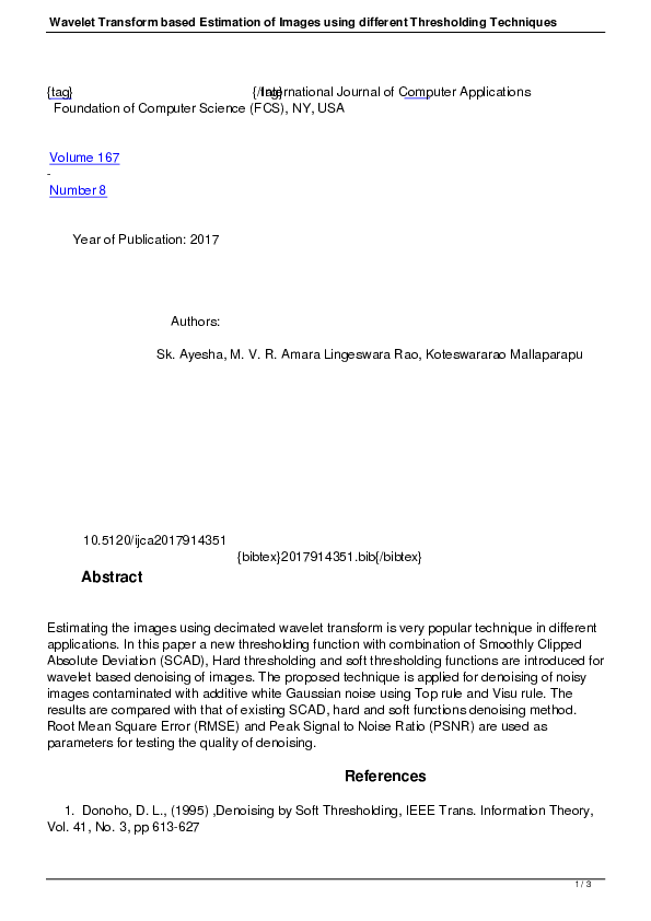 Pdf Wavelet Transform Based Estimation Of Images Using Different Thresholding Techniques