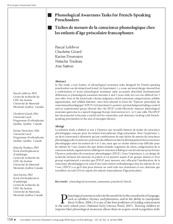 (PDF) Phonological Awareness Tasks for French-Speaking Preschoolers ...