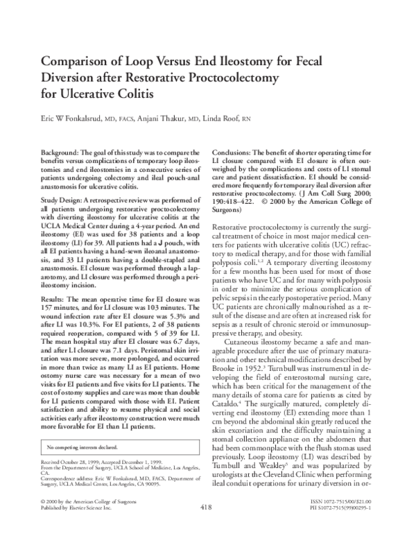 (PDF) Comparison of loop versus end ileostomy for fecal diversion after ...