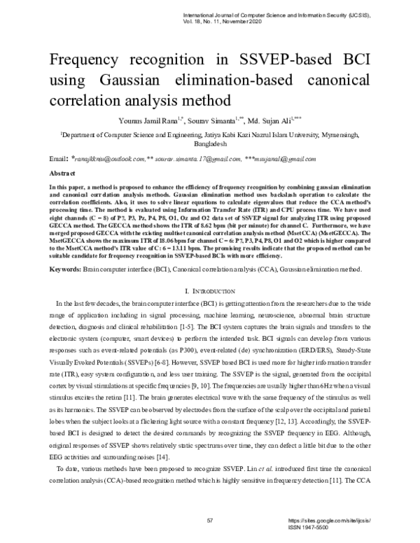 Pdf Frequency Recognition In Ssvep Based Bci Using Gaussian Elimination Based Canonical