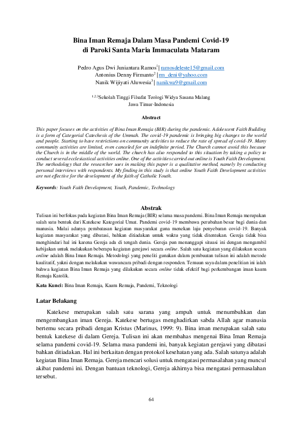 (PDF) Bina Iman Remaja dalam Masa Pandemi Covid-19 di Paroki Santa Maria Immaculata Mataram