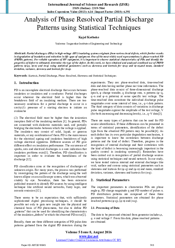 Pdf Analysis Of Phase Resolved Partial Discharge Patterns Using Statistical Techniques