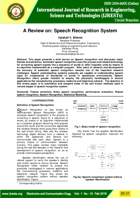 (PDF) A Review on: Speech Recognition System