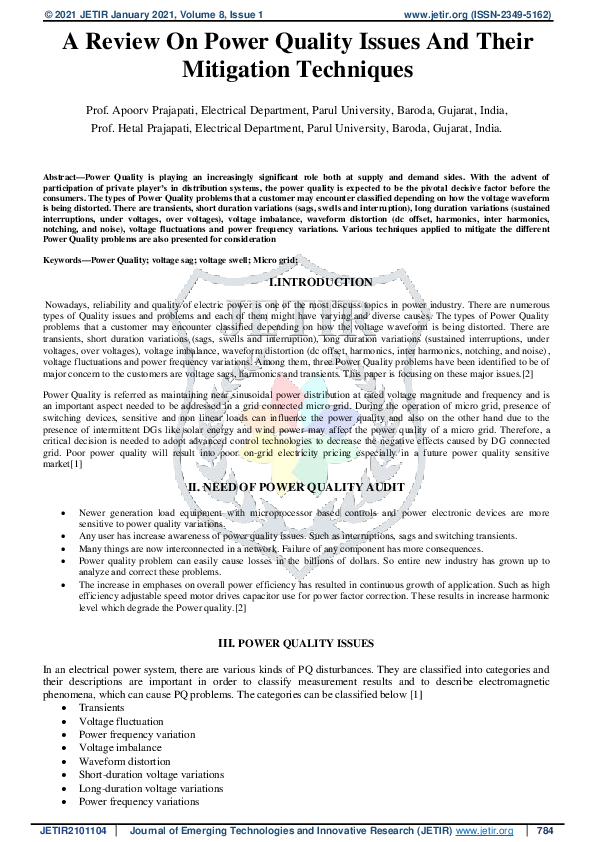 (PDF) A Review On Power Quality Issues And Their Mitigation Techniques