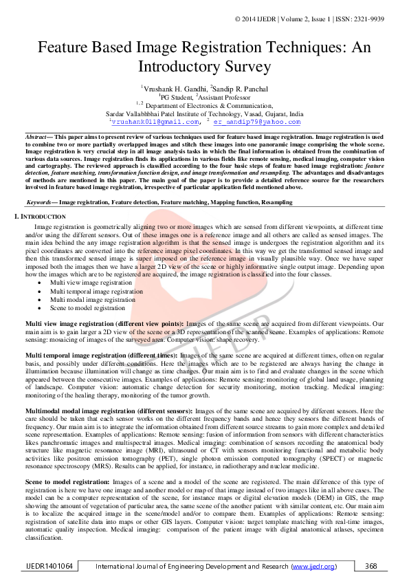 (PDF) Feature Based Image Registration Techniques: An Introductory Survey