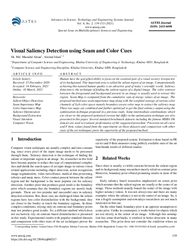 Pdf Visual Saliency Detection Using Seam And Color Cues