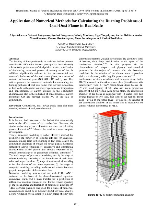 (PDF) Application of Numerical Methods for Calculating the Burning Problems of Coal-Dust Flame ...