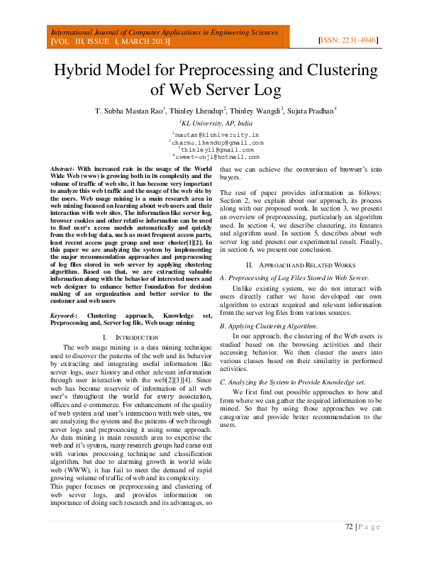 Pdf Hybrid Model For Preprocessing And Clustering Of Web Server Log