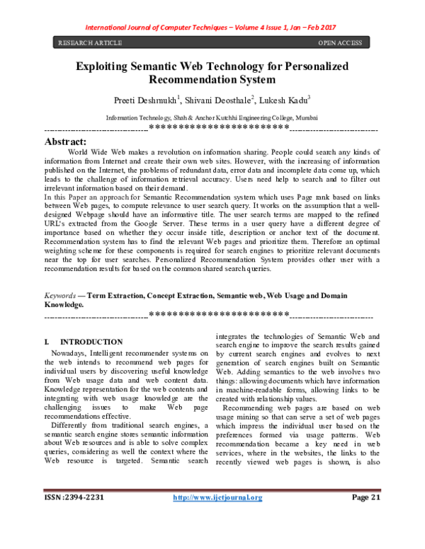(PDF) Exploiting Semantic Web Technology for Personalized Recommendation System