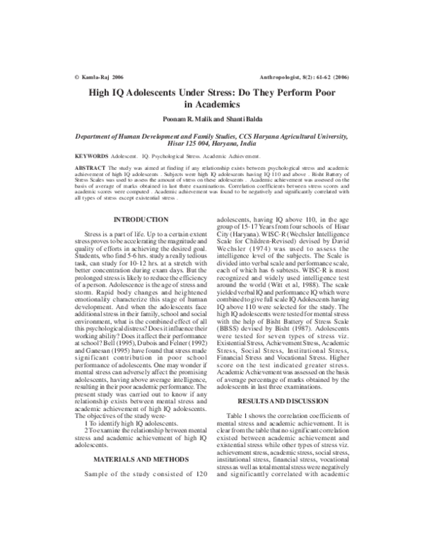 (PDF) High IQ adolescents under stress: Do they perform poor in academics