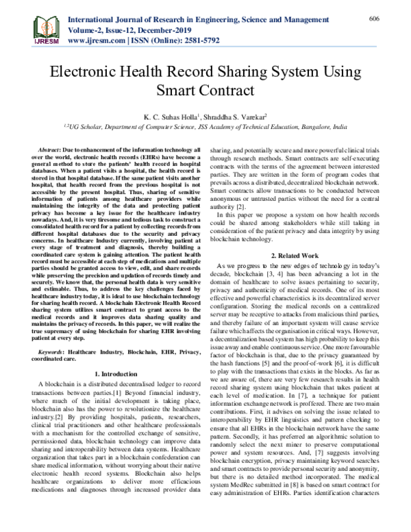 (PDF) Electronic Health Record Sharing System Using Smart Contract