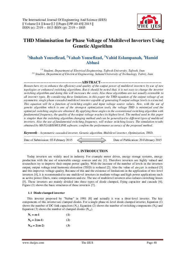 (PDF) THD Minimisation for Phase Voltage of Multilevel Inverters Using Genetic Algorithm