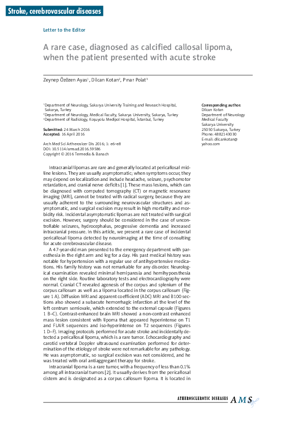 (PDF) A rare case, diagnosed as calcified callosal lipoma, when the ...