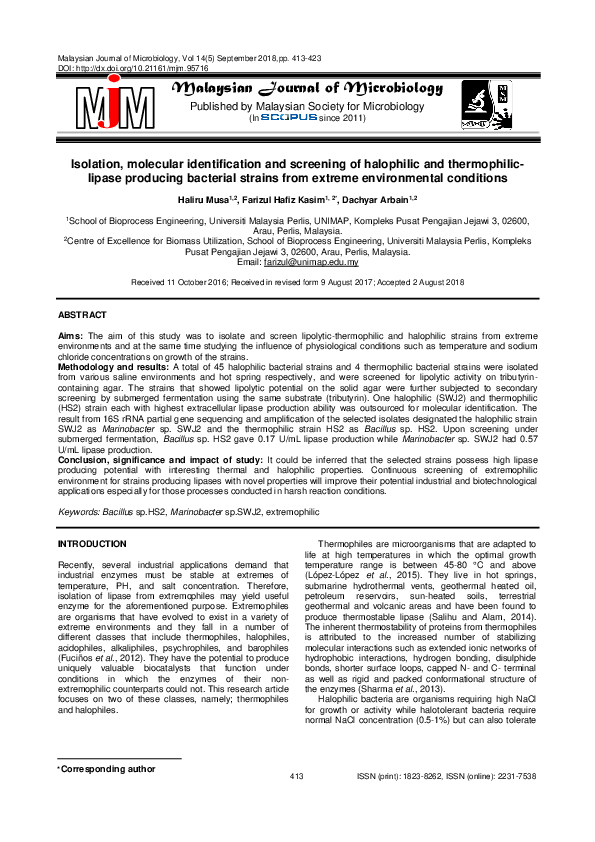 (PDF) Isolation, molecular identification and screening of halophilic and thermophilic-lipase ...
