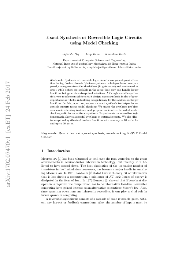 Pdf Exact Synthesis Of Reversible Logic Circuits Using Model Checking