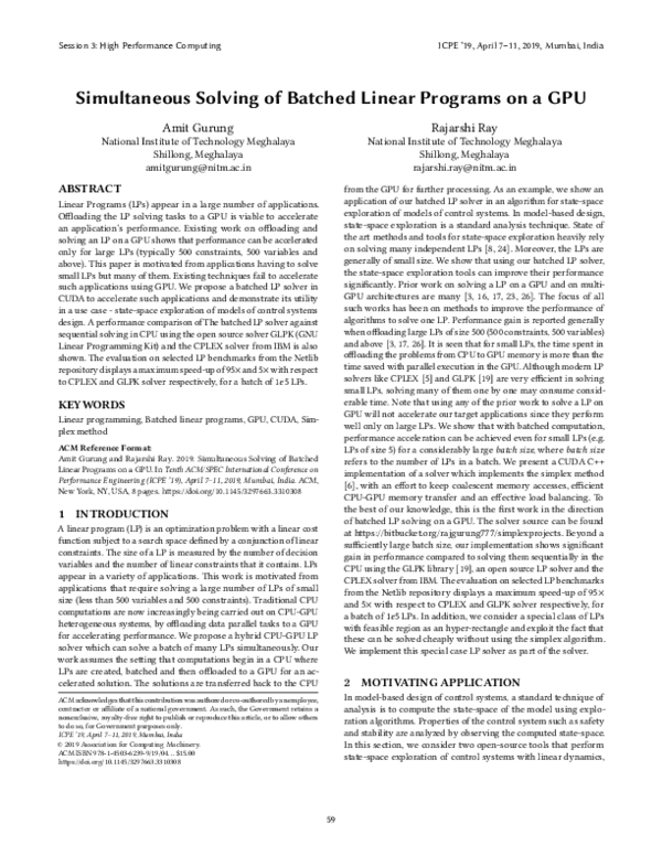 (PDF) Simultaneous Solving of Batched Linear Programs on a GPU