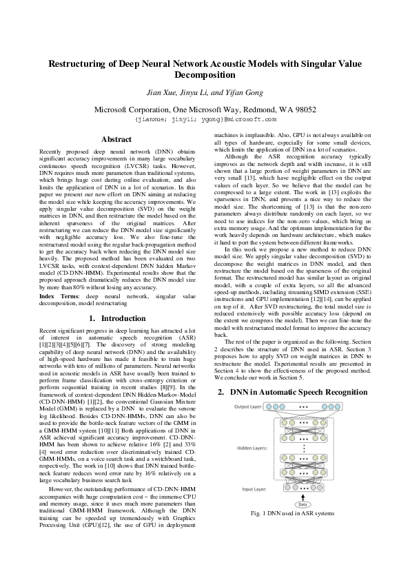 (PDF) Restructuring of deep neural network acoustic models with singular value decomposition