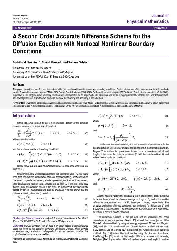 Pdf A Second Order Accurate Difference Scheme For The Diffusion Equation With Nonlocal
