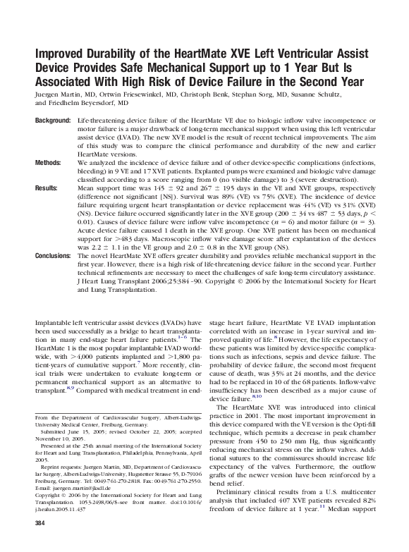 (PDF) Improved Durability of the HeartMate XVE Left Ventricular Assist ...