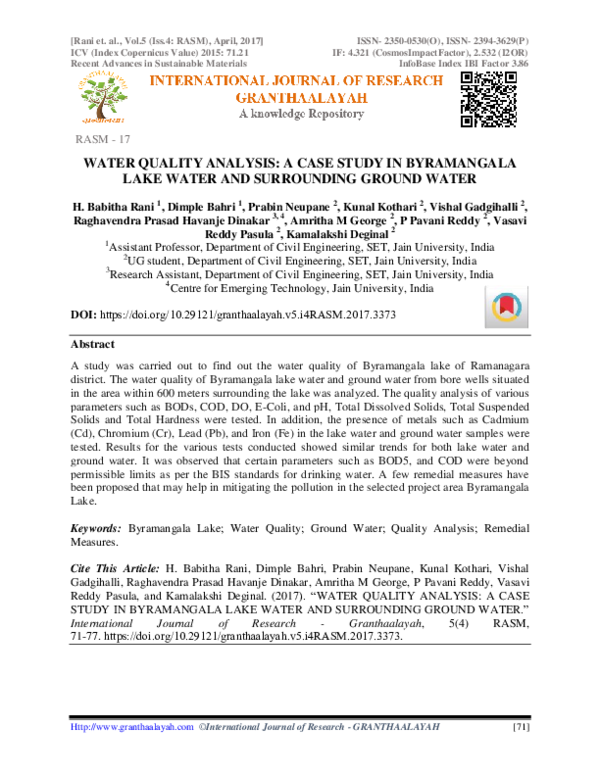 (PDF) Water Quality Analysis: A Case Study in Byramangala Lake Water ...