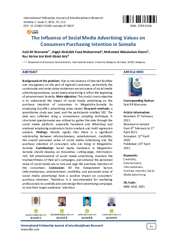 (PDF) The Influence of Social Media Advertising Values on Consumers Purchasing Intention in Somalia