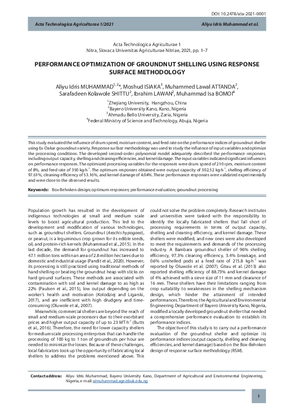 (PDF) Performance Optimization of Groundnut Shelling Using Response Surface Methodology