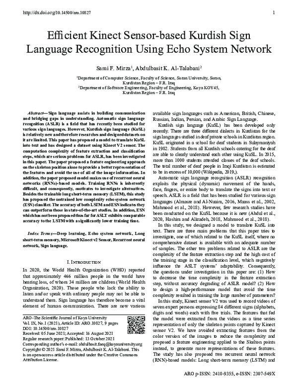 Pdf Efficient Kinect Sensor Based Kurdish Sign Language Recognition Using Echo System Network