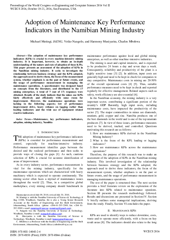 (PDF) Adoption of Maintenance Key Performance Indicators in the ...