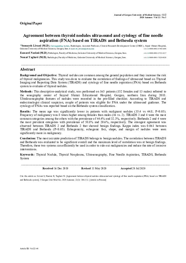 (PDF) Agreement between thyroid nodules ultrasound and cytology of fine ...