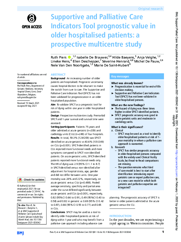 (PDF) Supportive and Palliative Care Indicators Tool prognostic value ...
