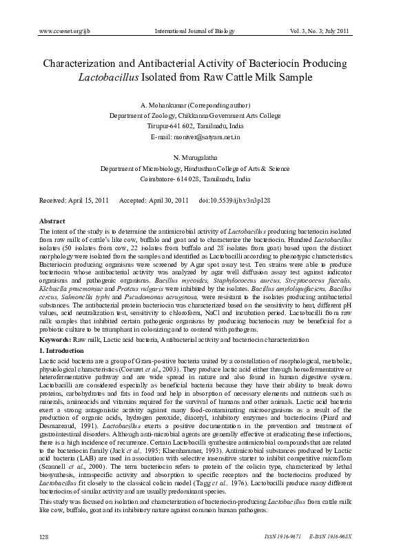 Pdf Characterization And Antibacterial Activity Of Bacteriocin Producing Lactobacillus