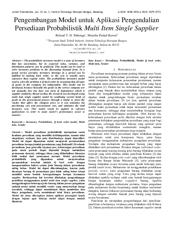 (PDF) Pengembangan Model untuk Aplikasi Pengendalian Persediaan Probabilistik Multi Item Single ...